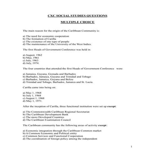 Csec social studies multiple choice questions | DOCX