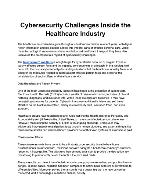 Cybersecurity Risk Assessments for Healthcare Facilities | PDF