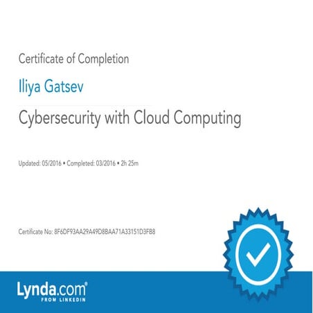 Iliya Gatsev Cybersecurity With Cloud Computing Year 2016 Ppt