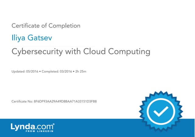 Iliya Gatsev Cybersecurity With Cloud Computing Year 2016 Ppt