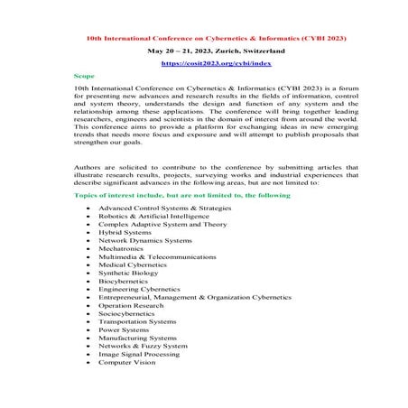 10th International Conference On Cybernetics And Informatics Cybi 2023