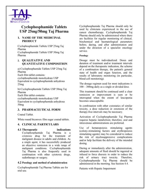 Cyclophosphamide injection 500 mg inj smpc taj pharmaceuticals | PDF