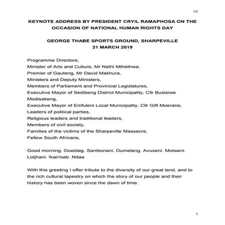 Cyril Ramaphosa Human Rights Day Speech 2019 | PDF