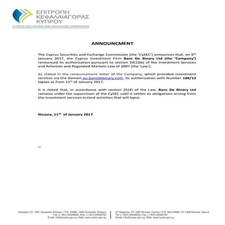 CySEC announcment - Renouncement of Banc de Binary Authorisation | PDF ...