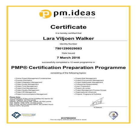 PMP Certificate 2 Nov 2015 to 7 March 2016 | PDF