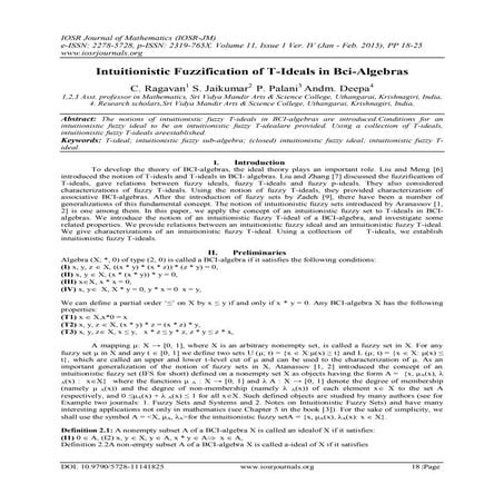 Intuitionistic Fuzzification of T-Ideals in Bci-Algebras | PDF