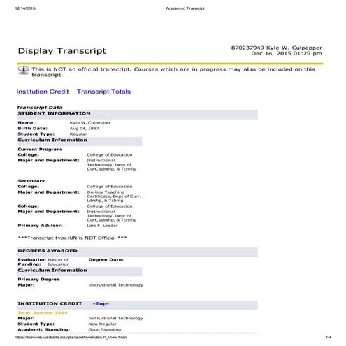 Academic Transcipt Masters ITED | PDF