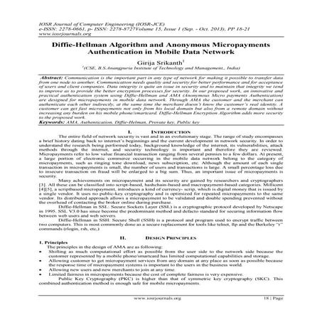 Diffie-Hellman Algorithm and Anonymous Micropayments Authentication in Mobile Data Network | PDF
