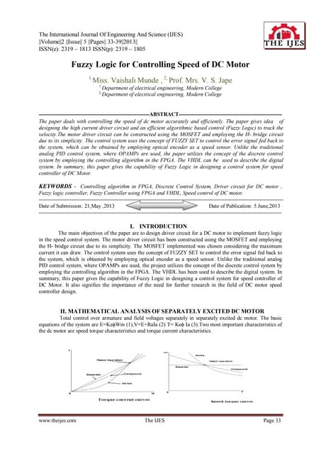 Speed control of dc motor by fuzzy controller | PPTX