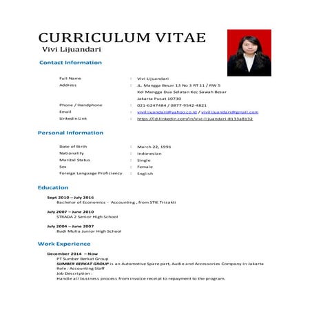 CV - Vivi Lijuandari | PDF