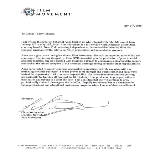 Anna Markovski Film Movement Letter of recommendation | PDF