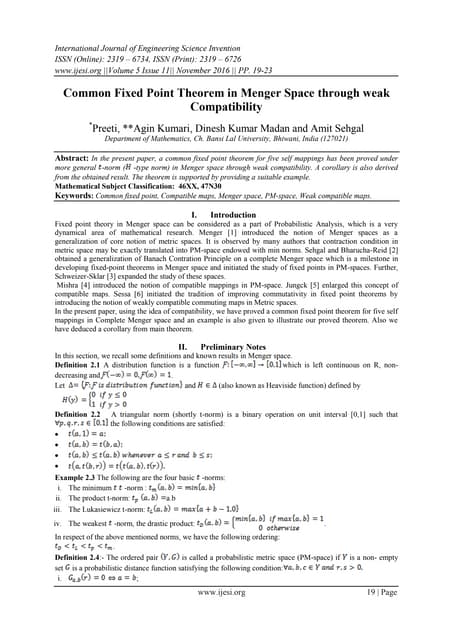Common Fixed Point Theorem In Menger Space Through Weak Compatibility Pdf 7523