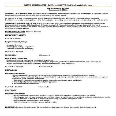 GUSTAVO GOMEZ-Resume-Prepress Operator-10-01-16 | PDF