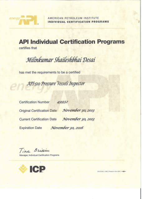 Milinkumar-API 580 Certificate | PDF
