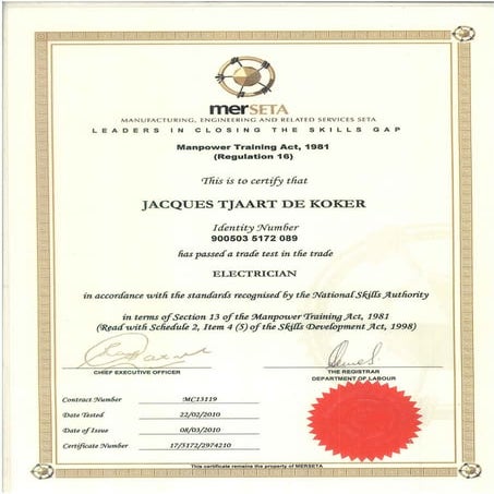 Coloured Electrician Trade Diploma signed by The Registrar Department ...