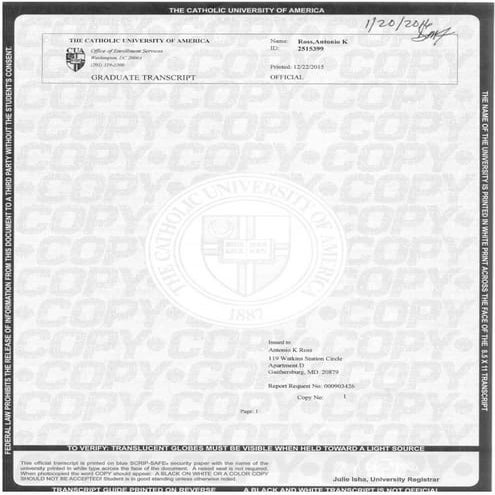 CUA Graduate Transcript | PDF