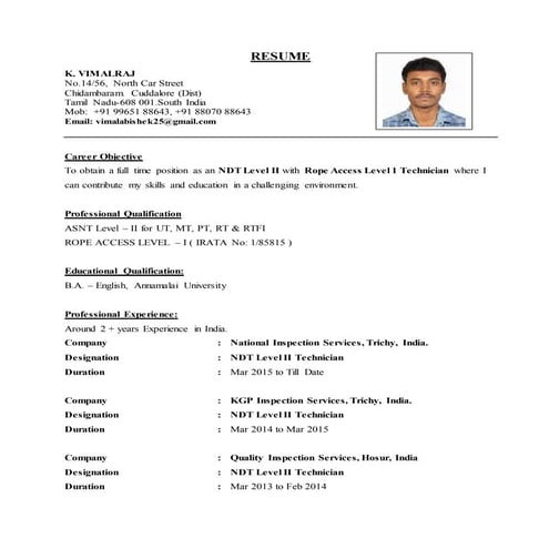 Vimalraj NDT CV | DOCX