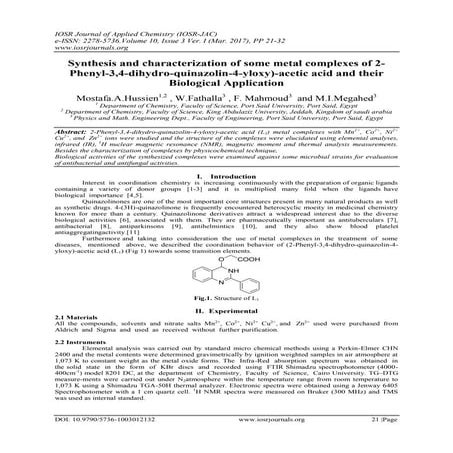 Synthesis and characterization of some metal complexes of 2- Phenyl-3,4-dihydro-quinazolin-4 ...