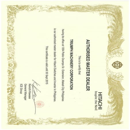 Hitachi authorised master dealer certificate | PDF