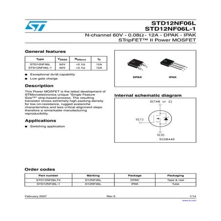 Original N-Channel Mosfet STD12NF06LT4 12NF06 D12NF06 D12NF 60V 12A TO ...