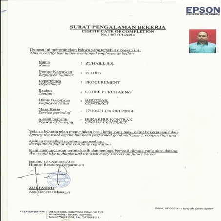 Experienec Letter of PT EPSON | PDF