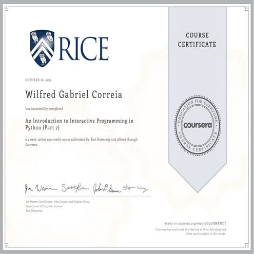 Rice University_Python_Part 2_Certificate | PDF | Education
