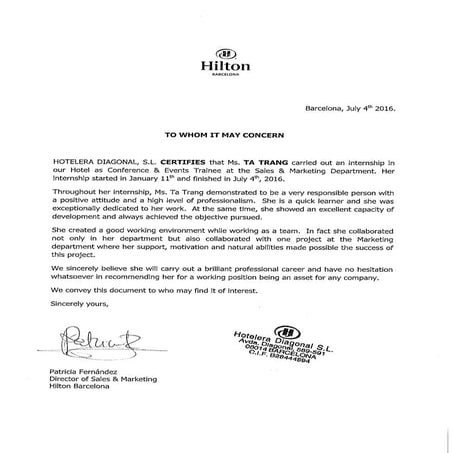 Recommendation Letter from Hilton Barcelona | PDF