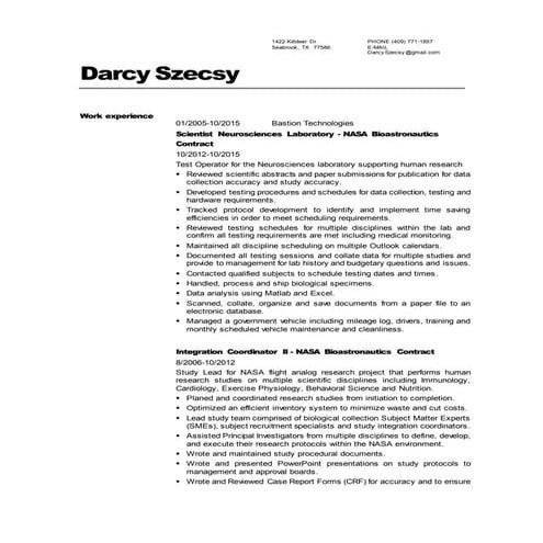 Darcy_Szecsy_Resume NASA | DOCX | Biological Sciences | Science
