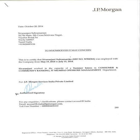 JP Morgan internship completion | PDF