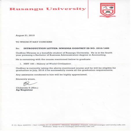 BBA - ACCOUNTING LETTER OF INTRODUCTION G. MWANSA | PDF