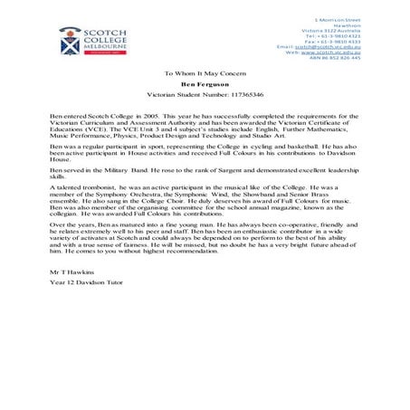 Benjamin Ferguson-Letter of Reccomendation-Scotch College | DOCX