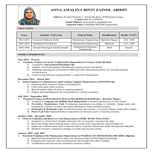 CV Anna Amalina 2016 | PDF | Civil Engineering Industry | Industries