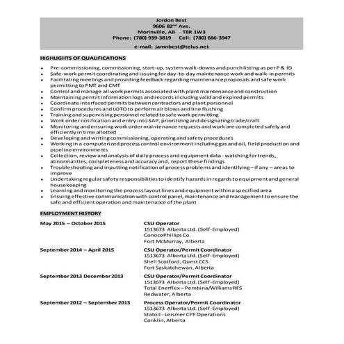 Jordon Best Resume - Third Class Power Engineer - CSU Operator-Permit ...