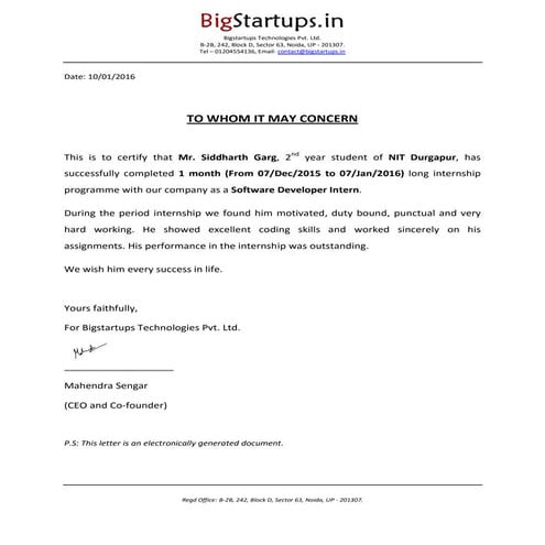 Siddharth_Garg_Internship_Experience_Letter | PDF
