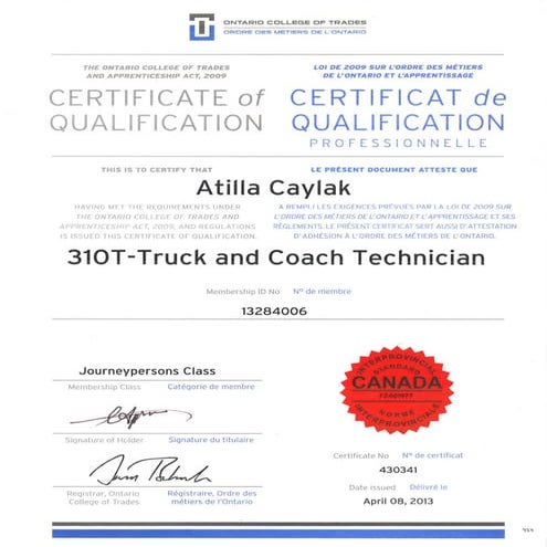 OCOT-310 T Certificate -Truck&Coach | PDF