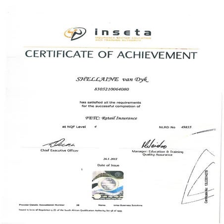 Certificate of Achievement_FETC_Retail Insurance | PDF | Insurance ...