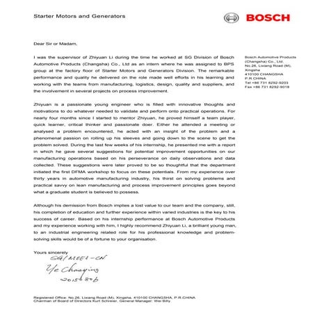 Recommendation Letter From Bosch China (Eng)1 | PDF