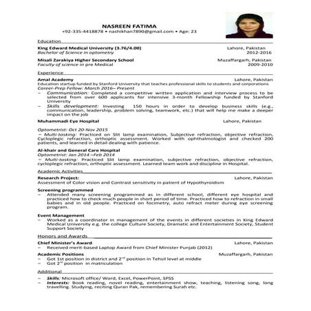 NASREEN FATIMA_ Resume_April 2016 | DOC | Eye and Vision Conditions ...
