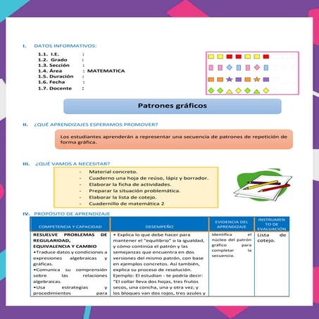 Sesion de aprendizaje primaria | Area: Matematica | Tema: elaboramos patrones graficos | PDF