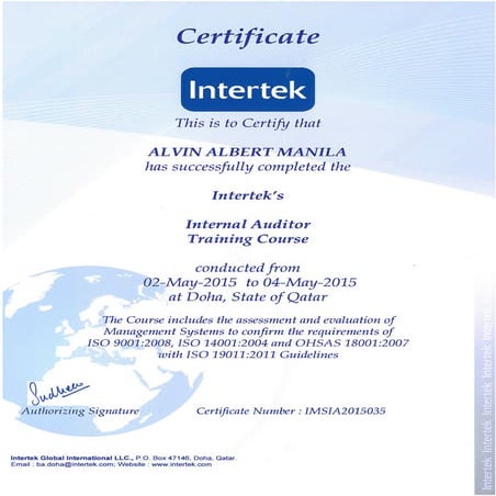 ISO Certificate for Internal Auditor | PDF