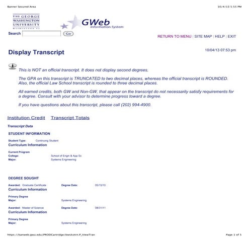 GWU_UNOFFICIAL_TRANSCRIPT | PDF | Undergraduate Education | College Education