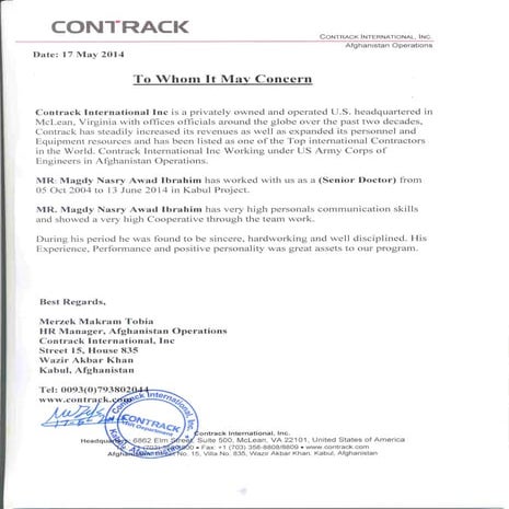 Experience Certificate of Total Period Of Contrack International Inc | PDF