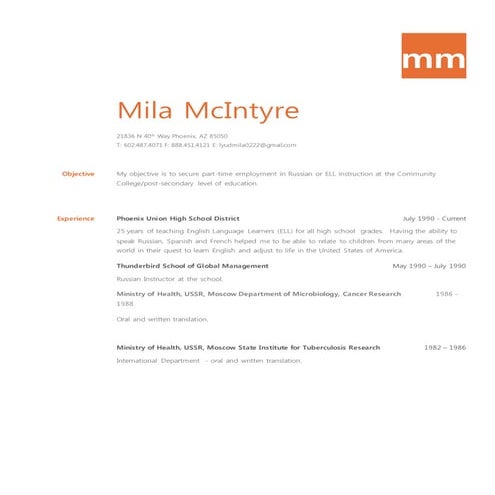 Mila McIntyre Resume 20151115 | PDF