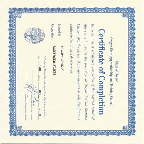 Oregon Sheet Metal Certificate | PDF