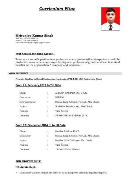 Ravinder kumar. timekeeper CV | PDF