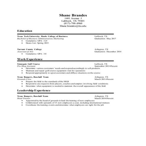 Shane Brandes Resume | DOCX | Baseball | Sports