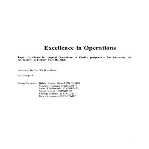 Excellence in Operations For Hospital Operations Group No 4 | DOCX