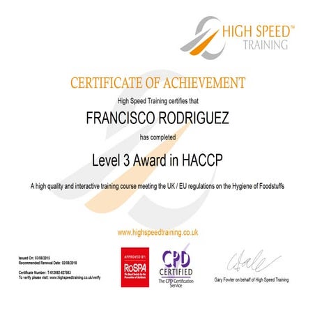 FLT HACCP LEVEL 3 Certificate | PDF