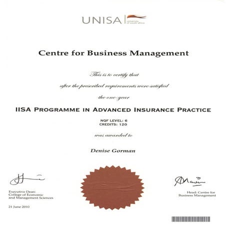 Assoicateship in Advanced Insurance Practice- UNISA | PDF