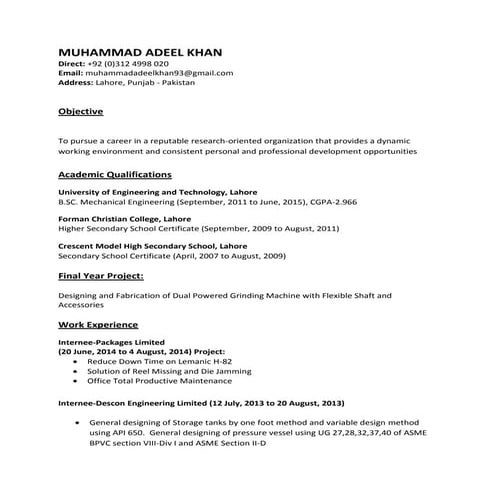 Muhammad Adeel Khan Cv Pdf